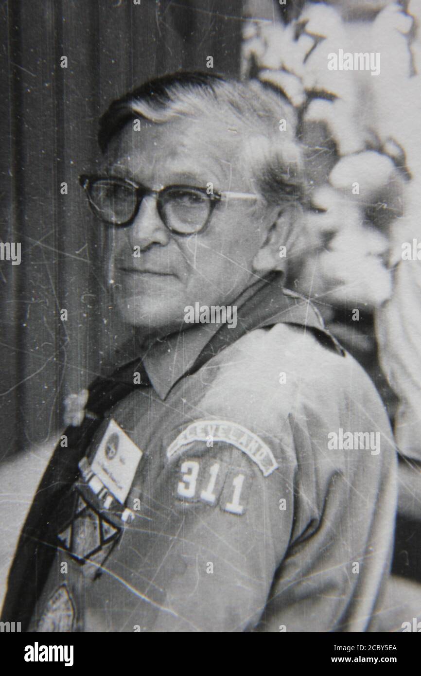 Fine 1970s vintage black and white photography of an old scout looking ...