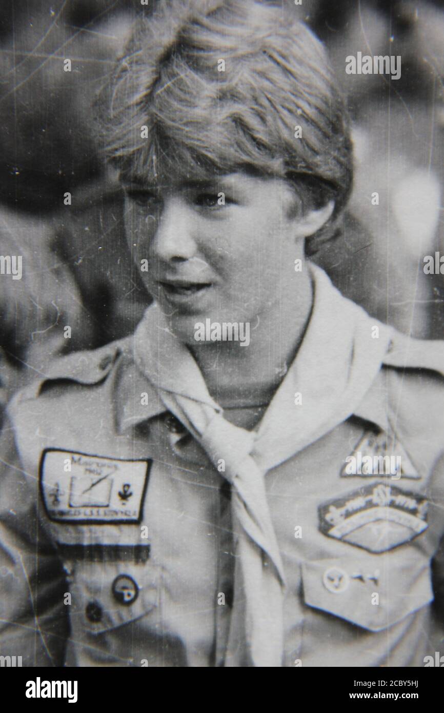 Fine 1970s vintage black and white photography of a young boy scout ...