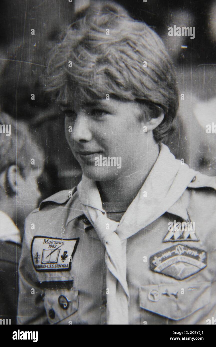 Fine 1970s vintage black and white photography of a young boy scout ...