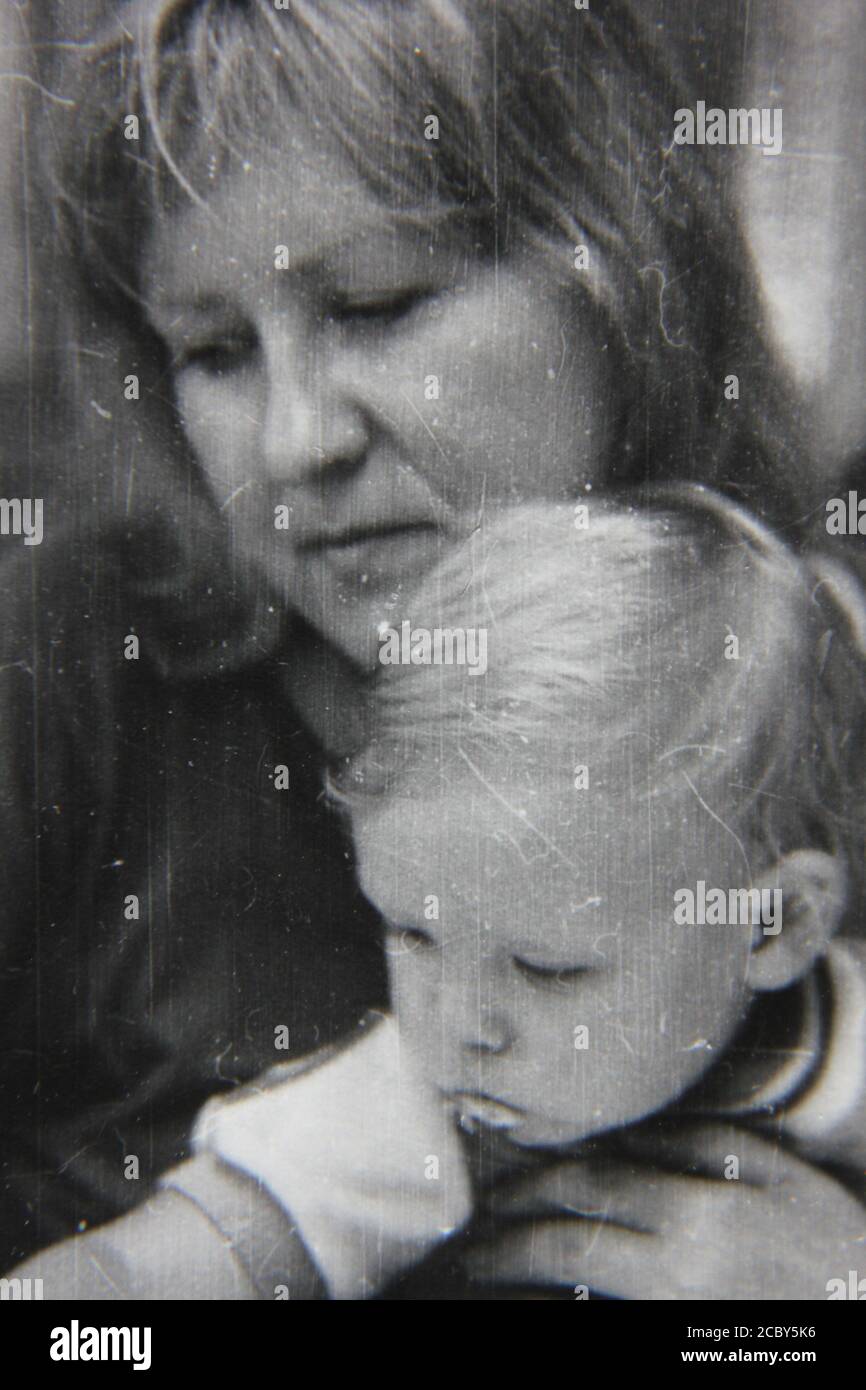 Fine 1970s vintage black and white photography of a mother and young ...