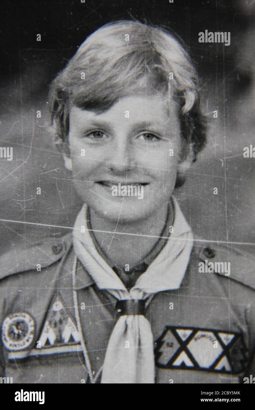 Fine 1970s vintage black and white photography of a young boy scout ...