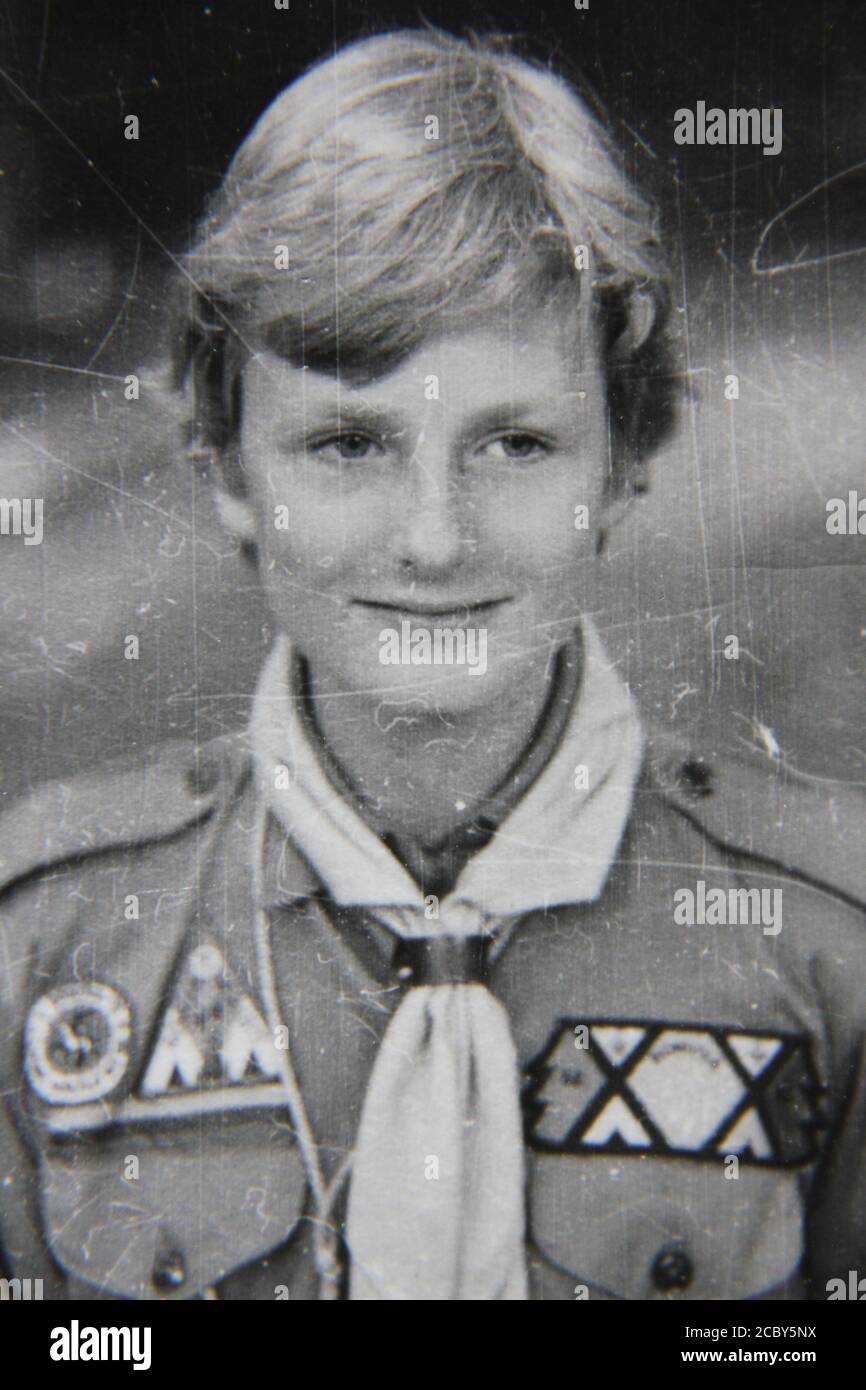 Fine 1970s vintage black and white photography of a young boy scout ...