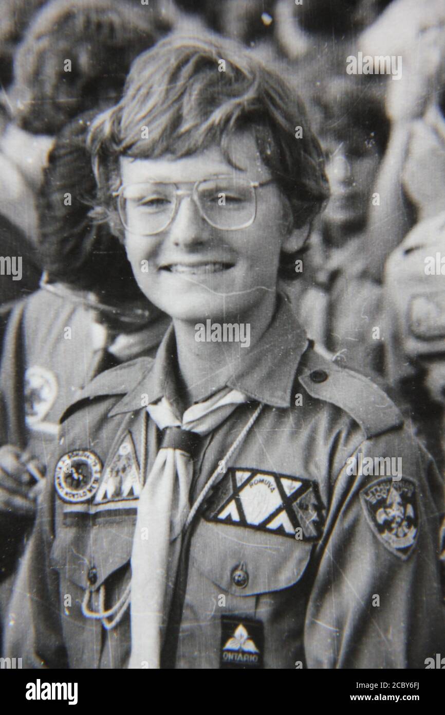 Fine 1970s vintage black and white photography of a young boy scout ...