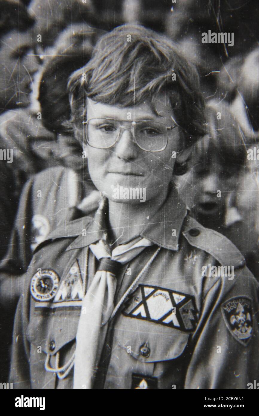 Fine 1970s vintage black and white photography of a young boy scout ...