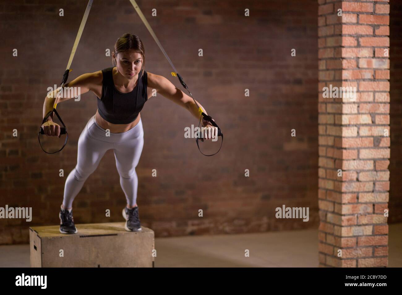TRX Push ups performing by caucasian athletic woman, TRX Suspension ...