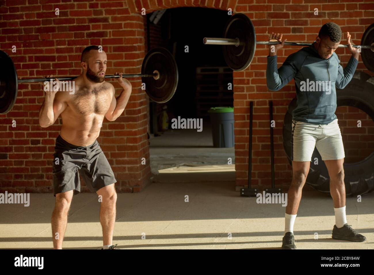 Two handsome multiethnic weightlifters exercising in gym, doing squats ...