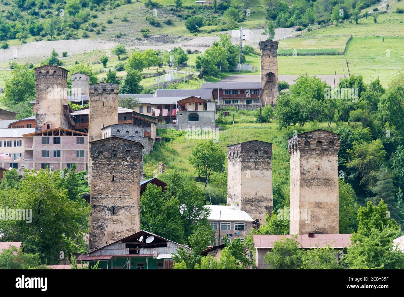 Mestia, Georgia - Ancient towers with Mountain village. a famous ...