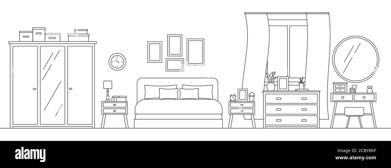 Cozy bedroom with furniture line art interior scene isolated on white ...