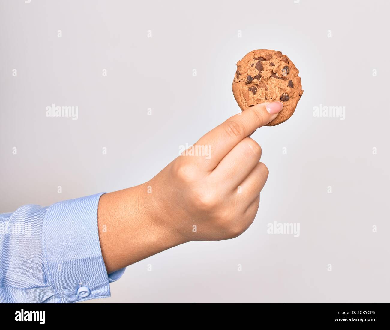 Hand of caucasian young woman holding delicious chocolate cookie over ...