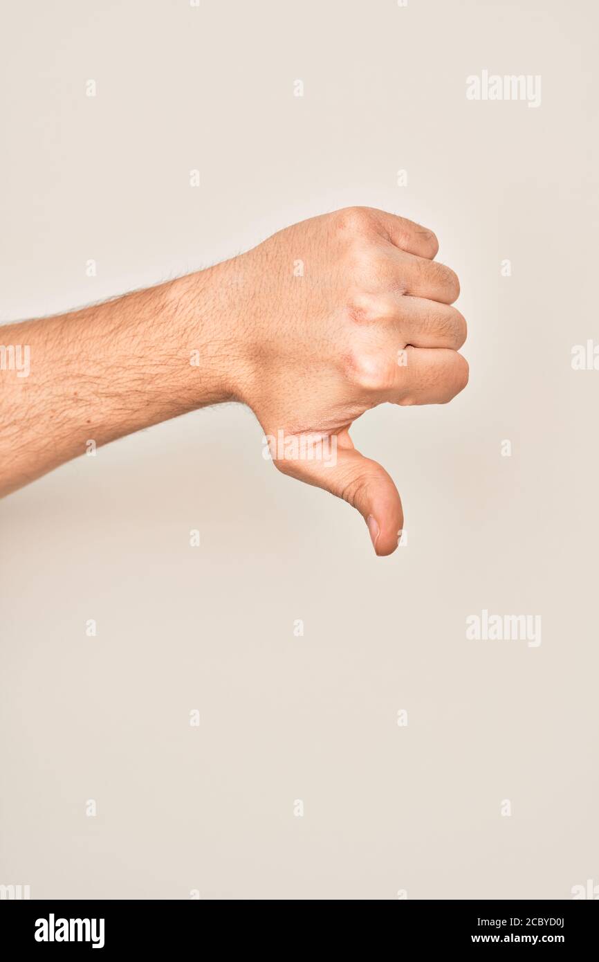 Hand of caucasian young man showing fingers over isolated white ...