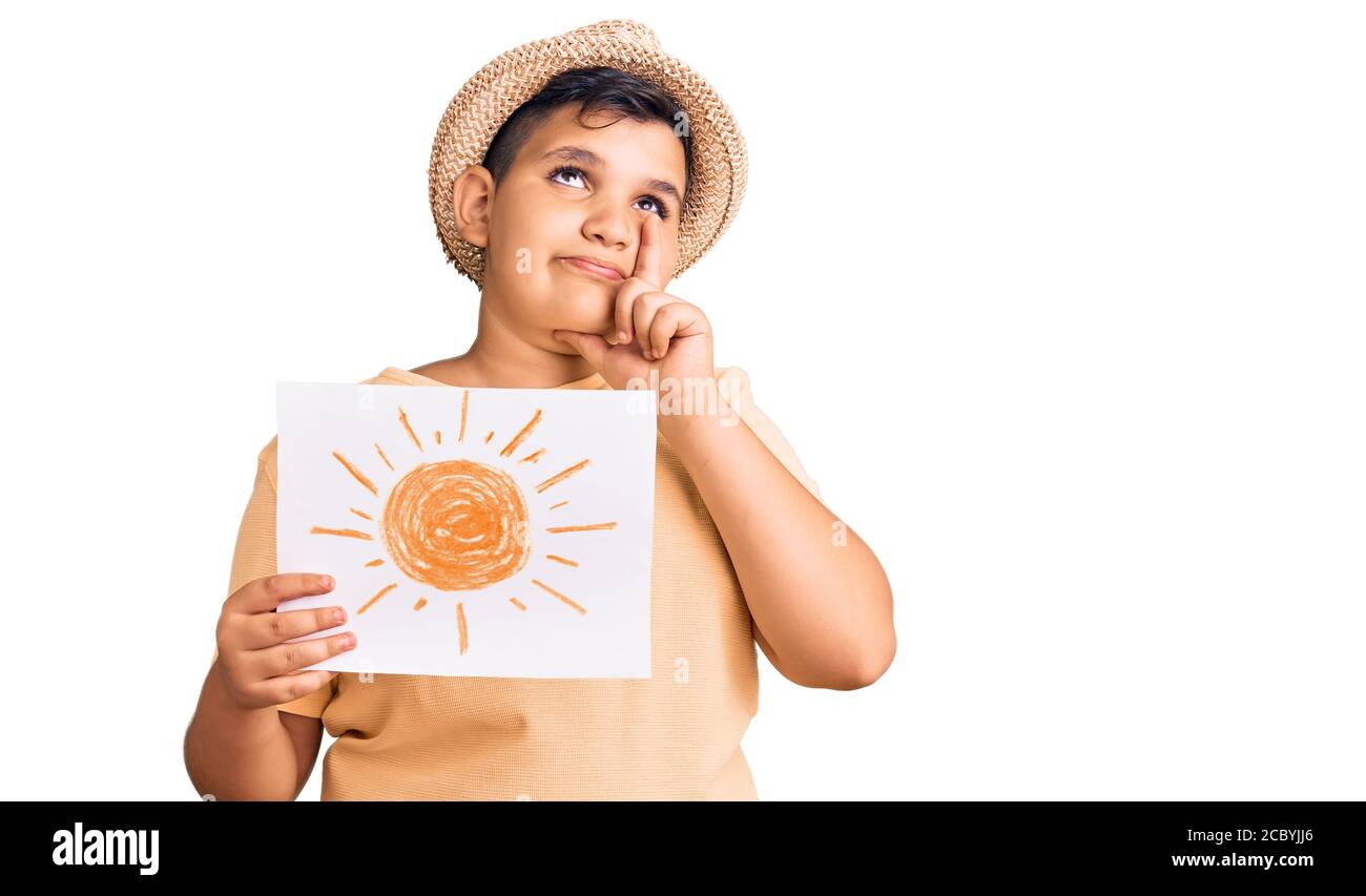 Little boy kid holding sun draw serious face thinking about question ...