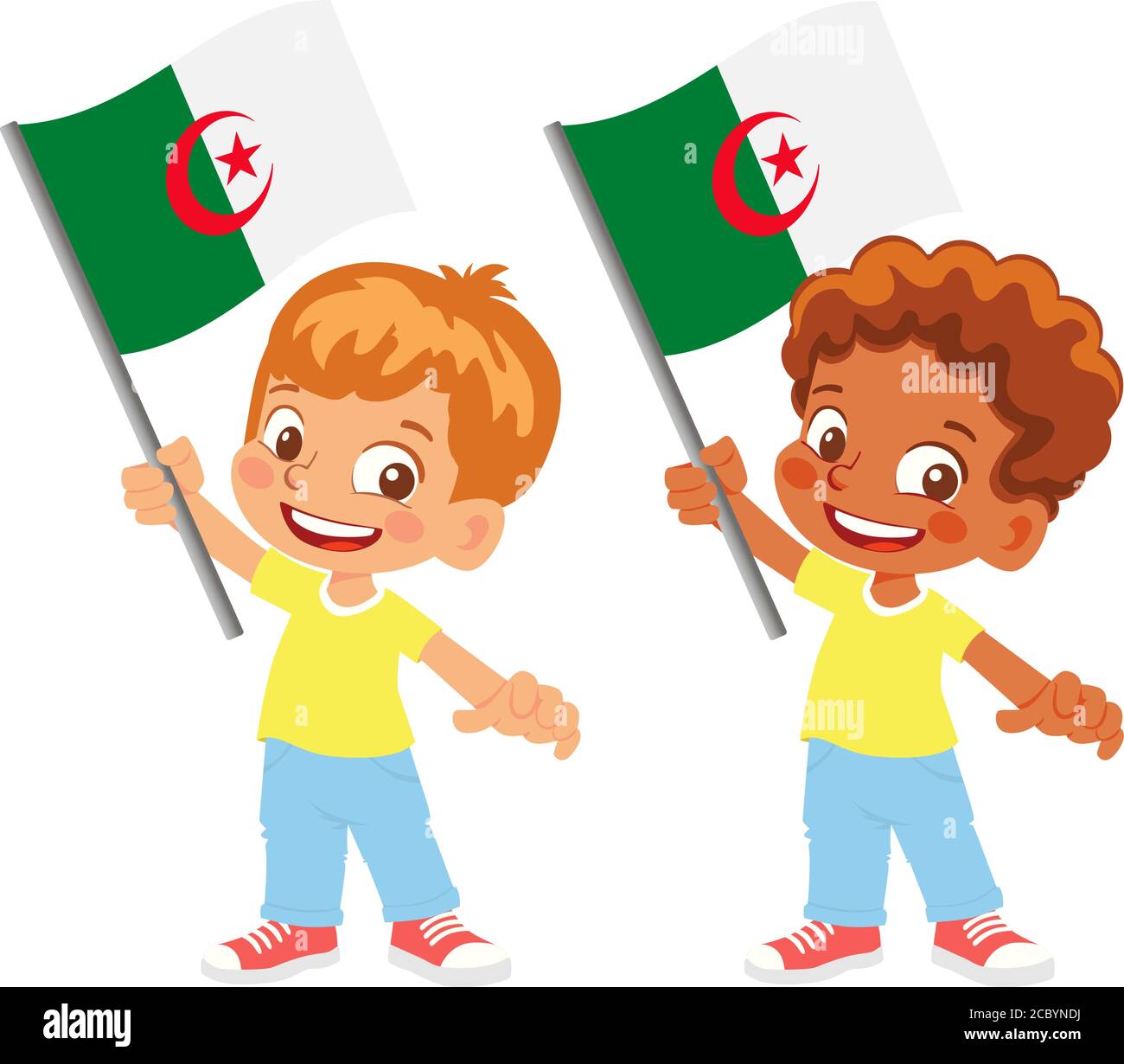 Algeria flag in hand. Children holding flag. National flag of Algeria ...