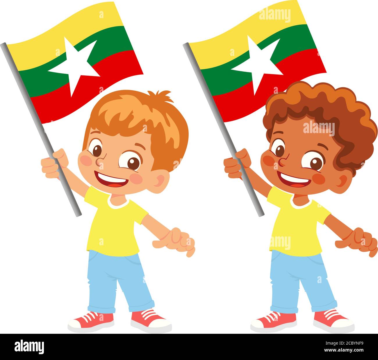 Burma flag in hand. Children holding flag. National flag of Burma ...