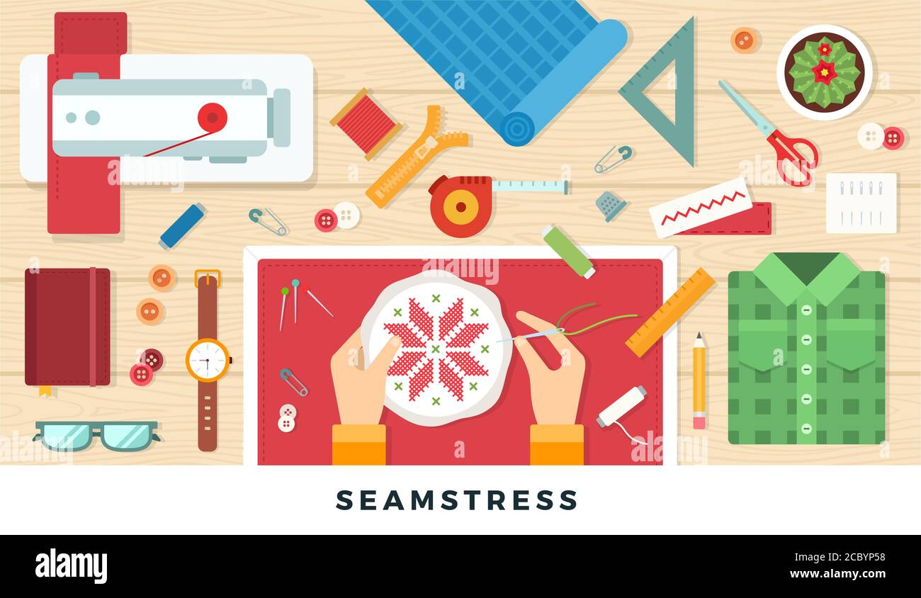 Handmade seamstress. Vector flat illustration. Hobby and leisure ...