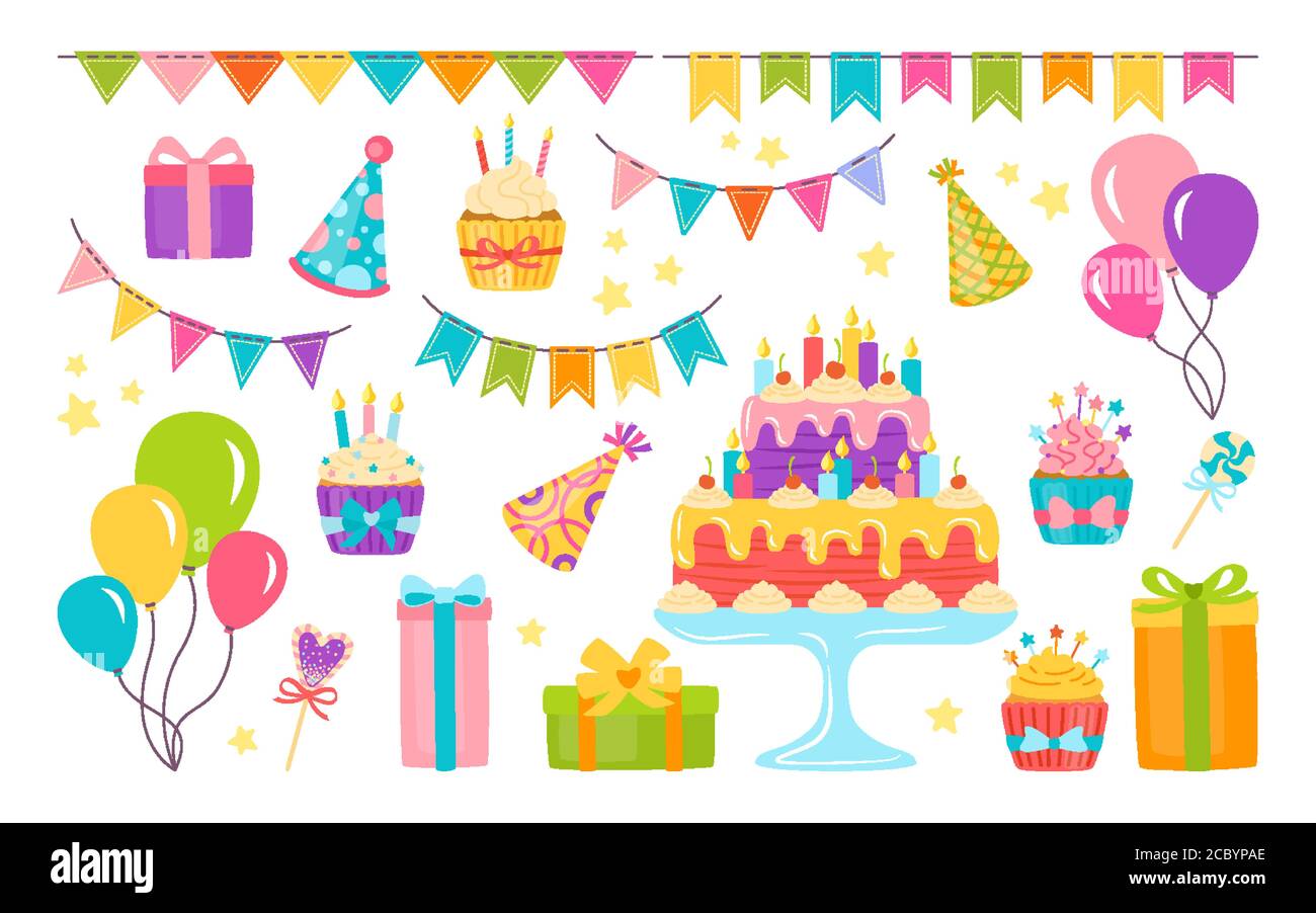 Birthday elements flat set. Cartoon present, cake, candle, gift box ...