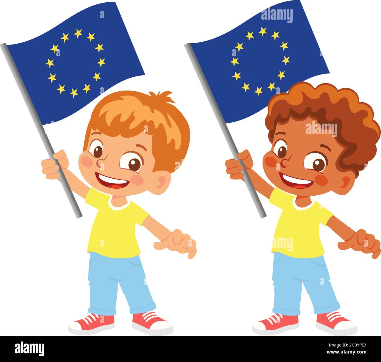 EU flag in hand. Children holding flag. Europe flag vector Stock Vector ...