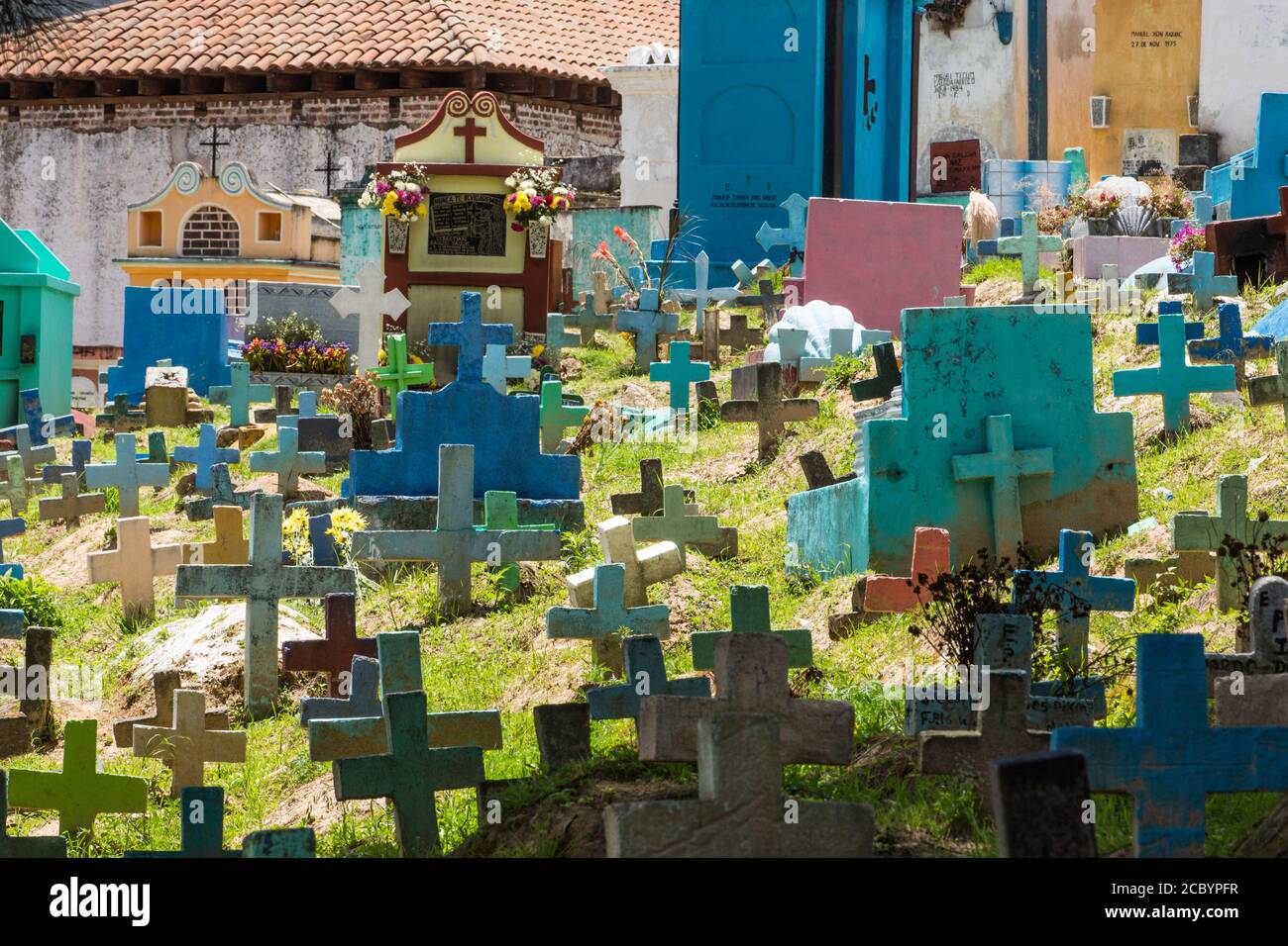 Gravestones in the poorer part of the cemetery of Chichicastenango ...