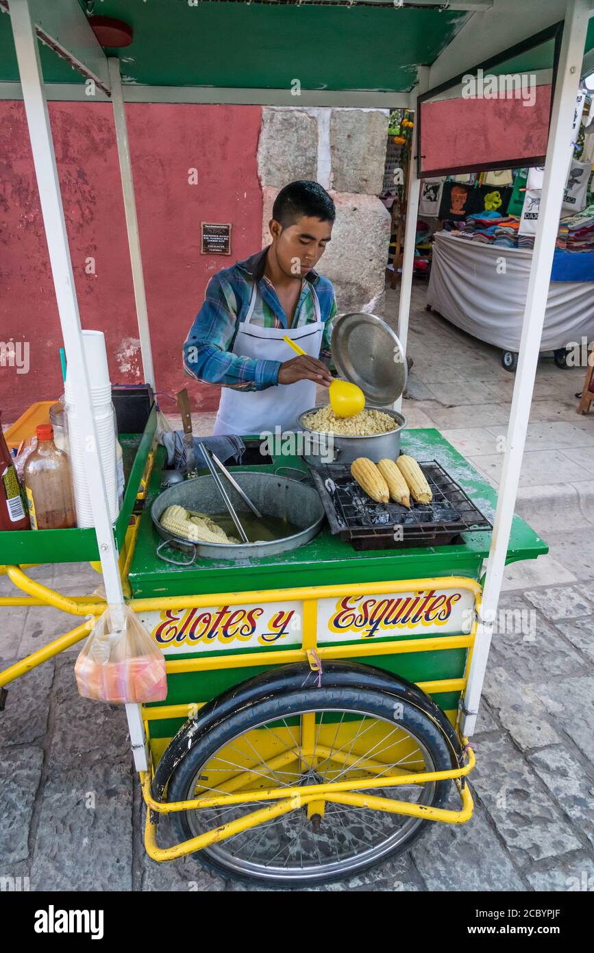A vendor selling elotes and esquites on the street in the historic ...