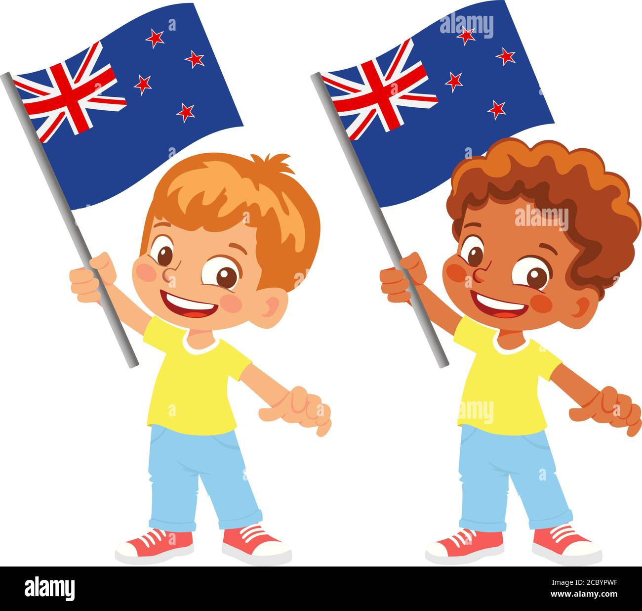 New Zealand flag in hand. Children holding flag. National flag of New ...