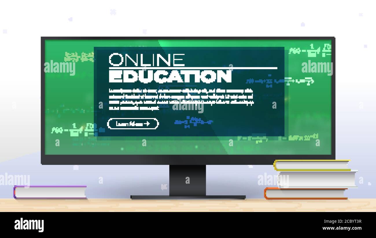 Online education, E-learning. Computer monitor with books on table ...