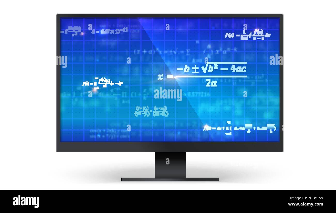 Mathematical formulas on blue screen of monitor. Concept of modern ...