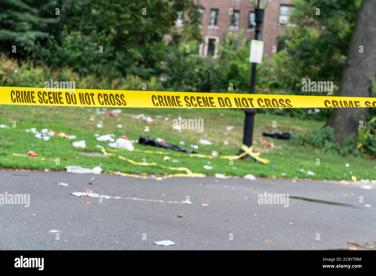 New York, NY - August 16, 2020: NYPD installs tape around crime scene ...