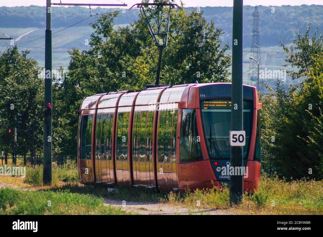 Reims France August 15, 2020 View of a modern electric tram for ...