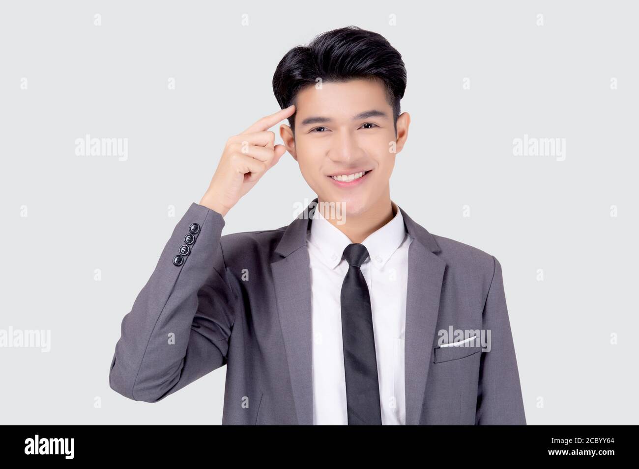 Portrait young asian business man in suit with smart thinking idea with ...