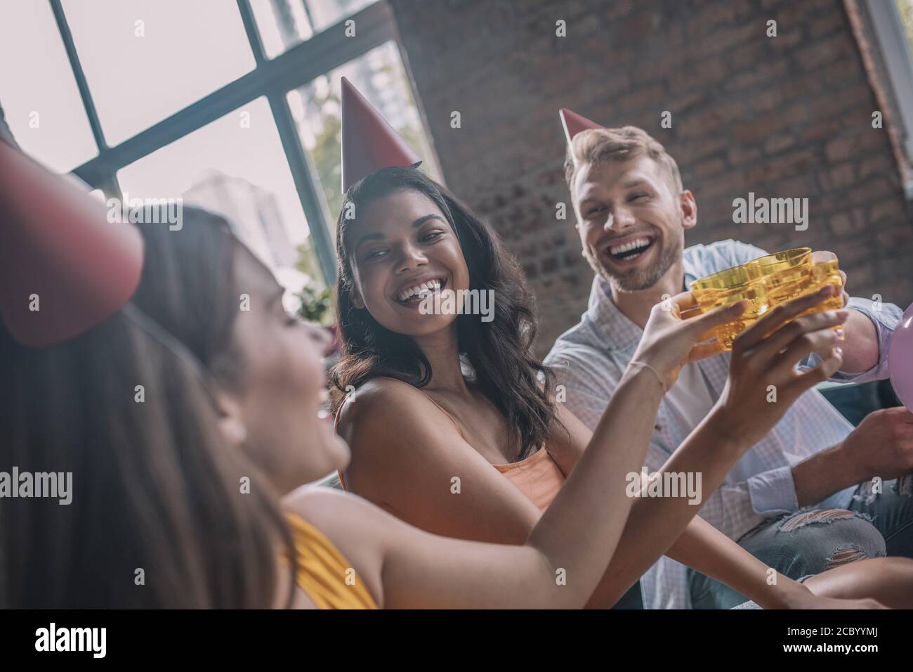 Three smiling friends drinking alcohol during the birthday party Stock ...