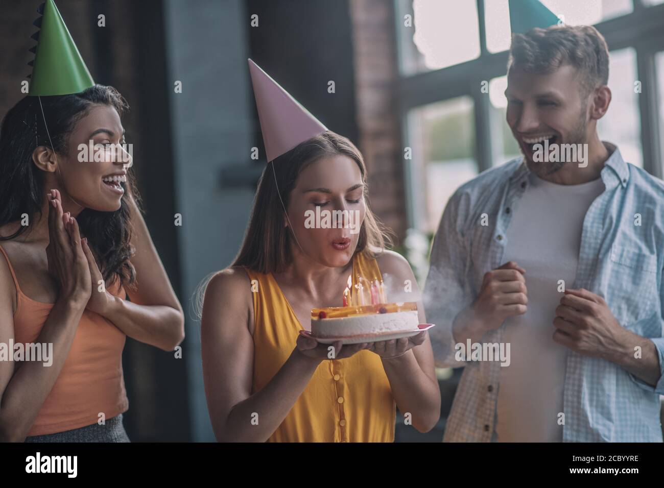 Woman blowing out candles on her birthday cake Stock Photo - Alamy