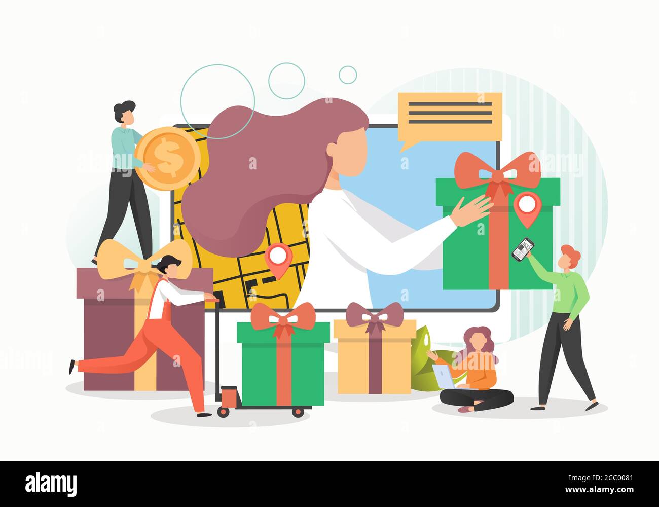People giving gifts for customers online shoppers, vector flat ...