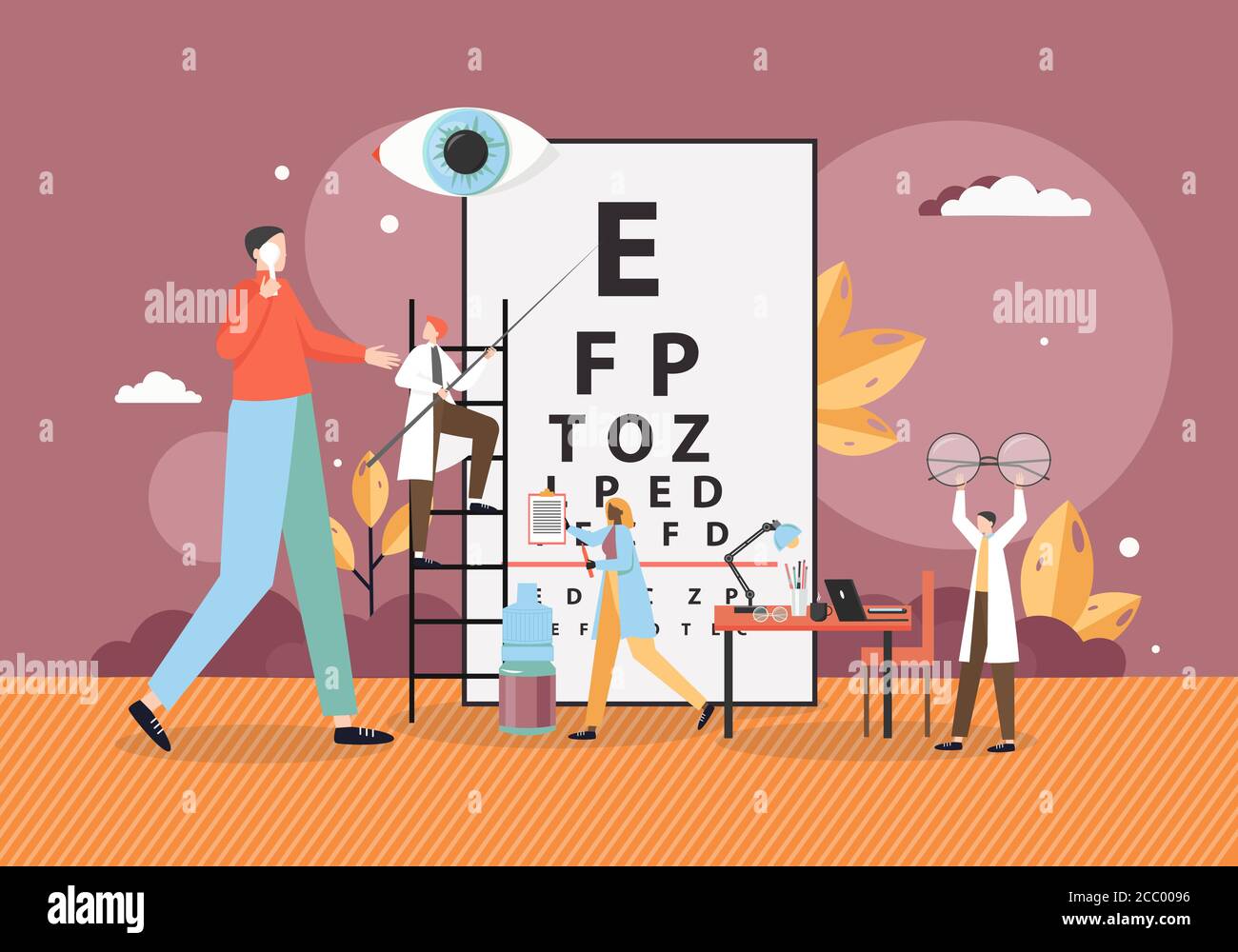 Doctor oculist testing patient eyesight pointing at eye chart symbols ...
