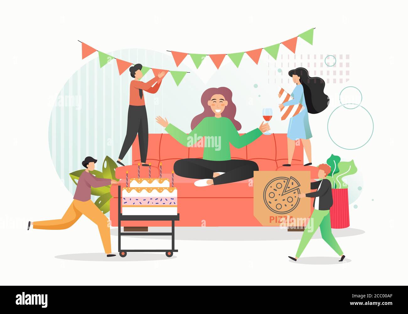 Group of people celebrating corporate party with cake, pizza, wine ...