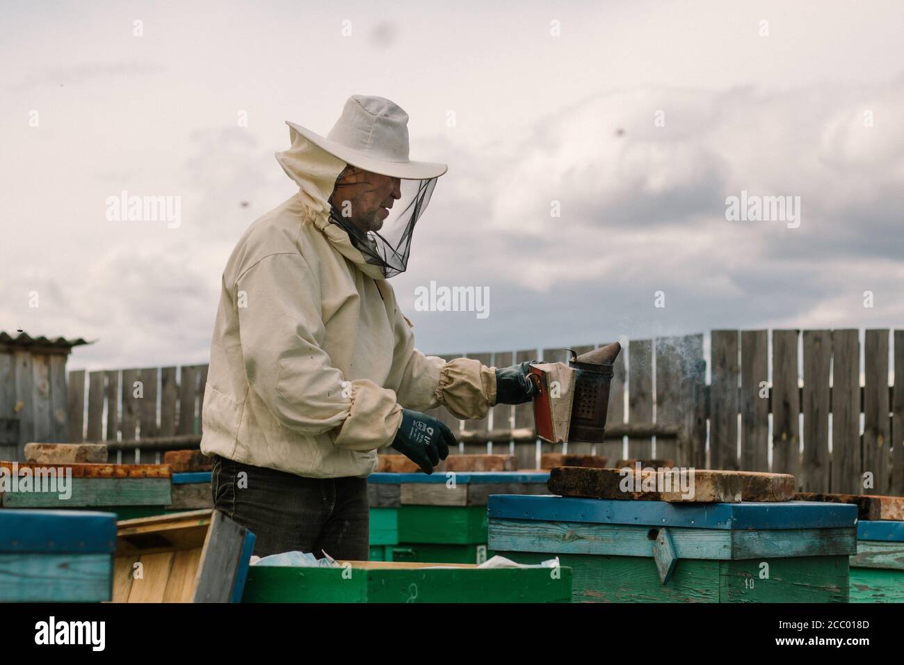 Beekeeper fumigates beehive hi-res stock photography and images - Alamy