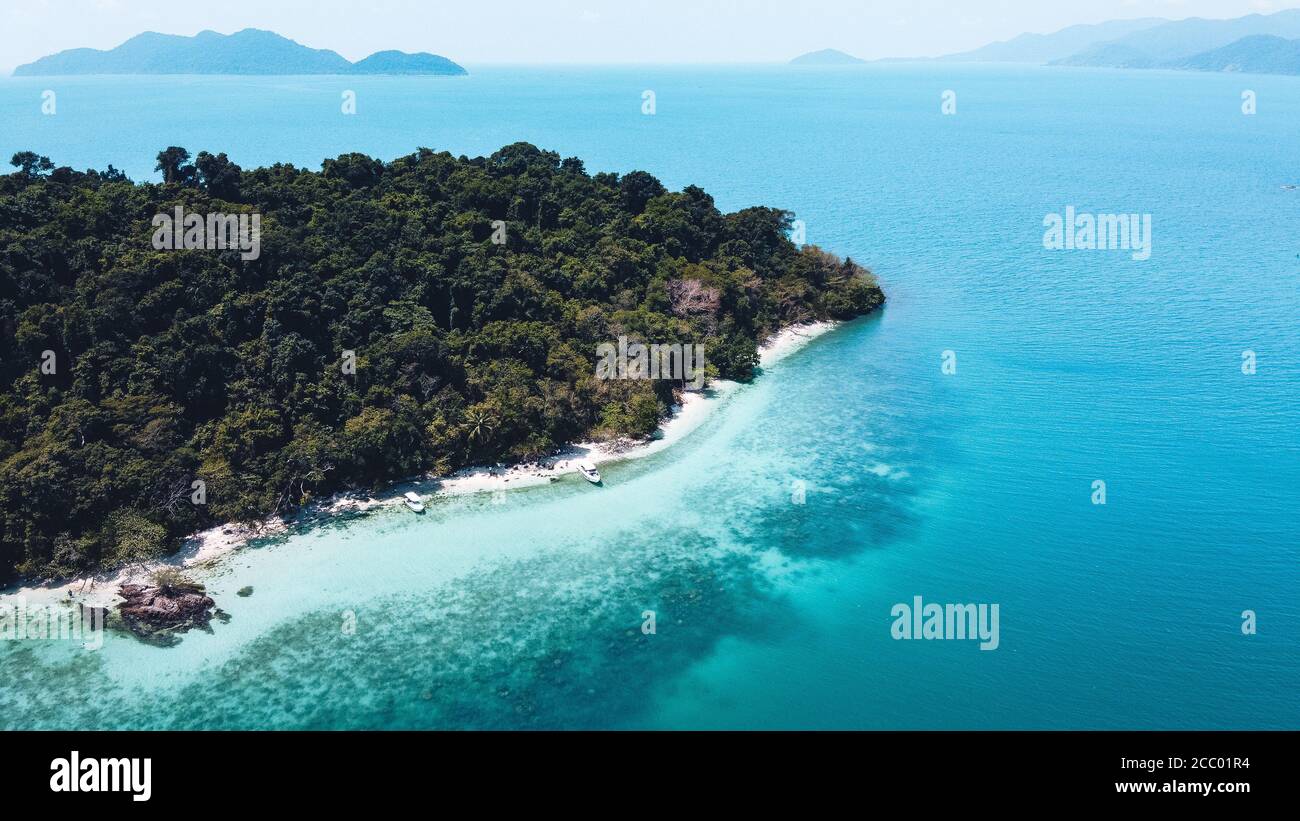 Clear water on the island,Bright blue sea and beach Bird’s Eye View ...