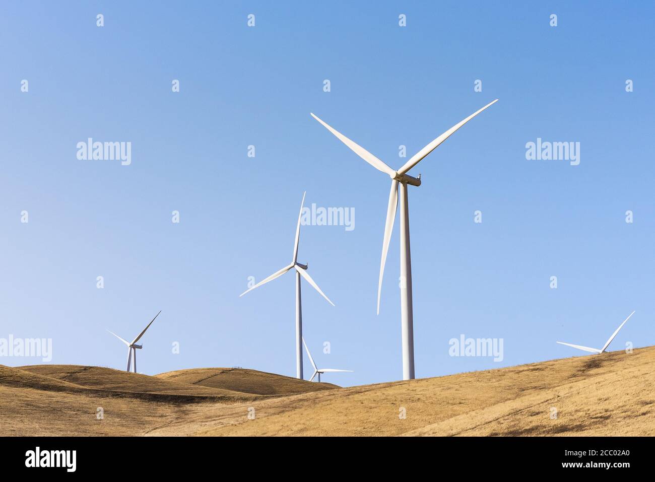Wind turbines on the top of hills in Altamont Pass, East San Francisco ...
