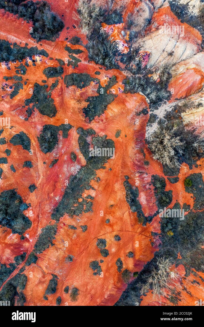 Gant, Hungary - Aerial horizontal drone view of abandoned bauxite mine ...