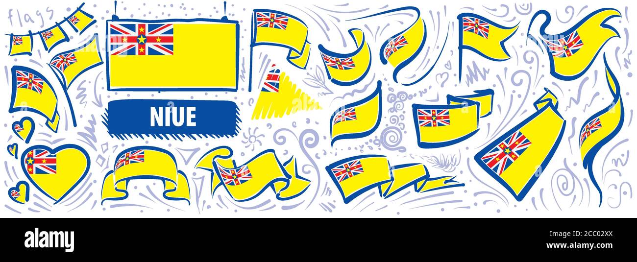 Vector set of the national flag of Niue in various creative designs ...