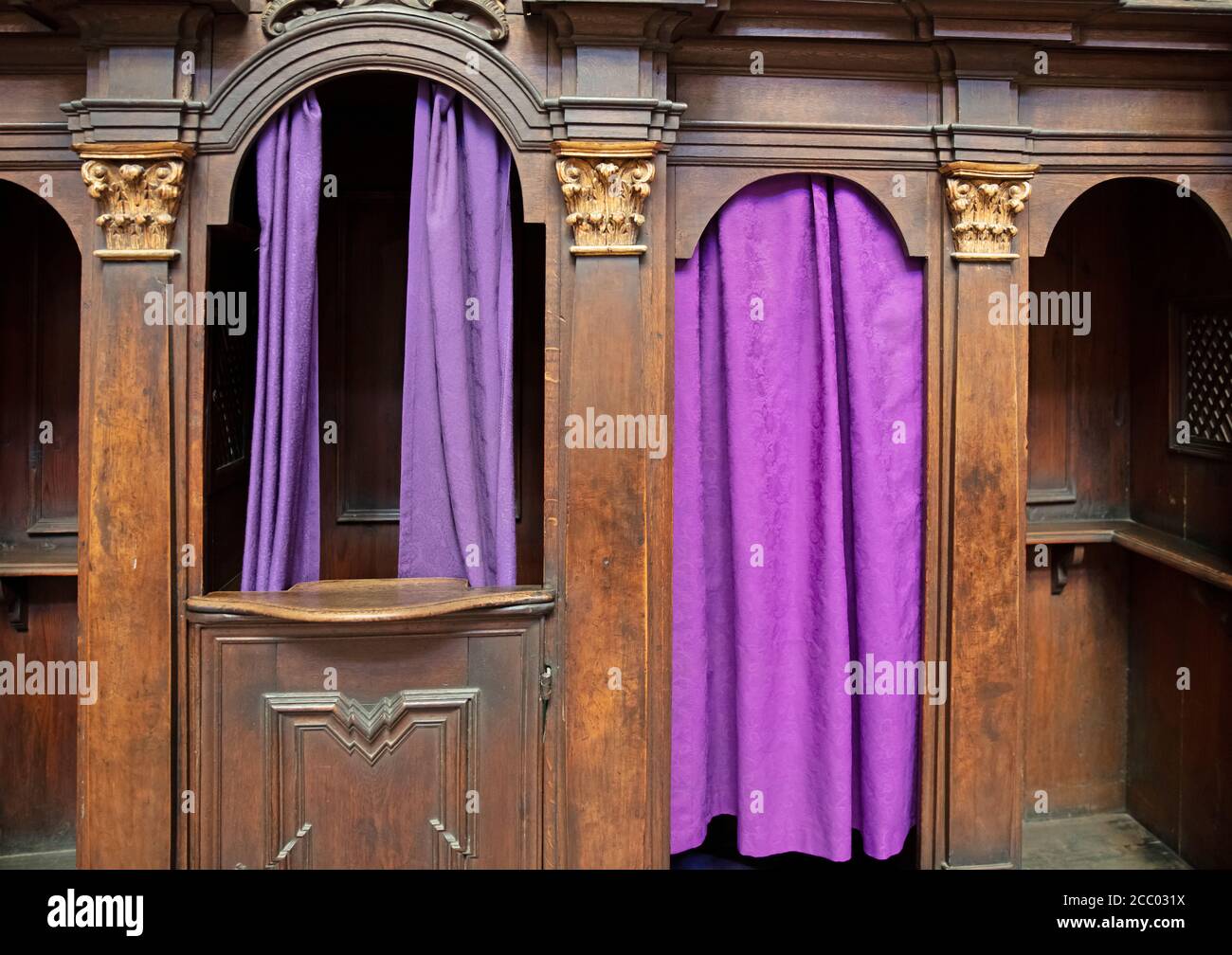 Old-fashioned wooden confessional in Catholic church, Czech Republic ...