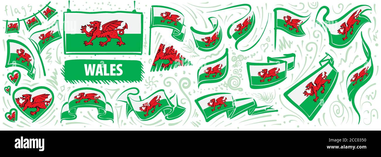 Vector set of the national flag of Wales in various creative designs ...