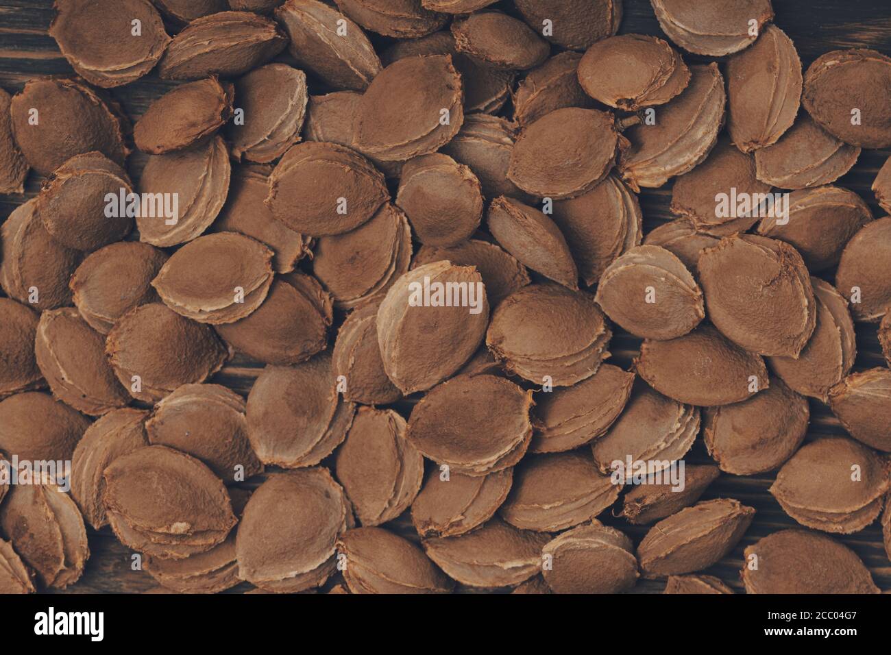 Top view of apricot pits on a rustic wooden scratched board Stock Photo ...