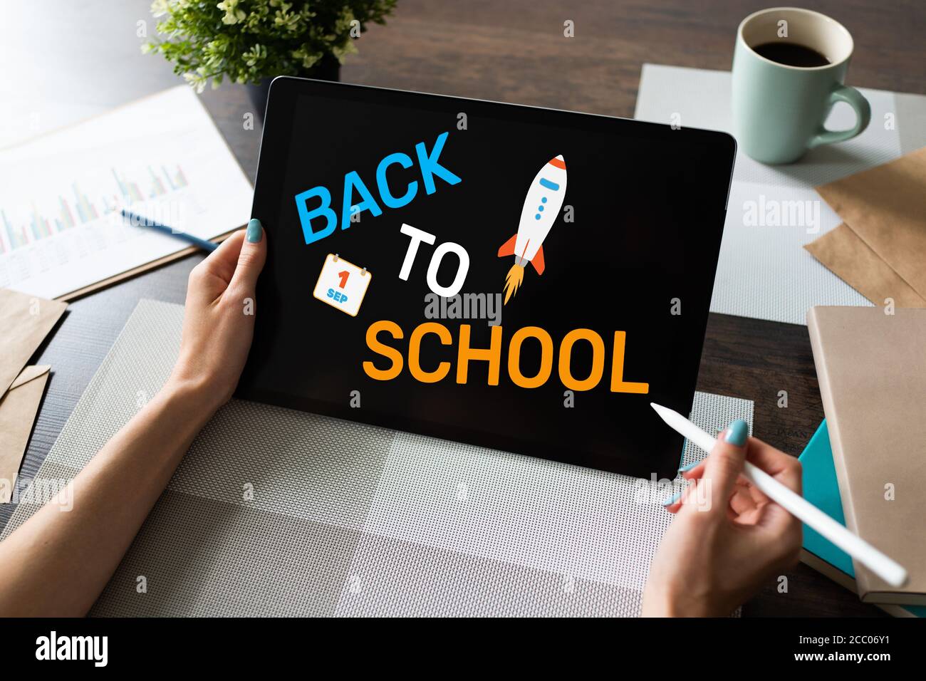 Back to school text on screen. Education and e-learning concept Stock ...