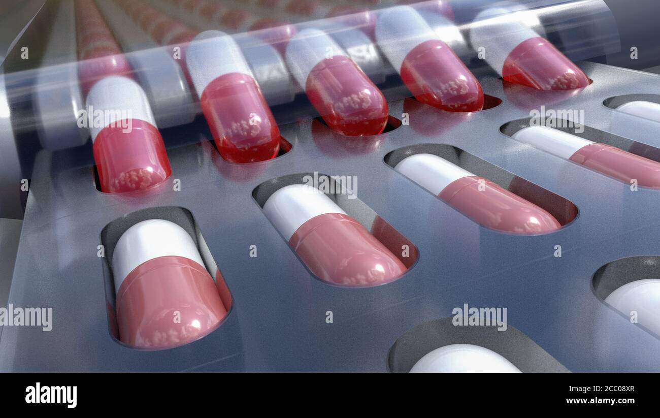 pharmacy medicine capsule pill in production line at medical factory ...