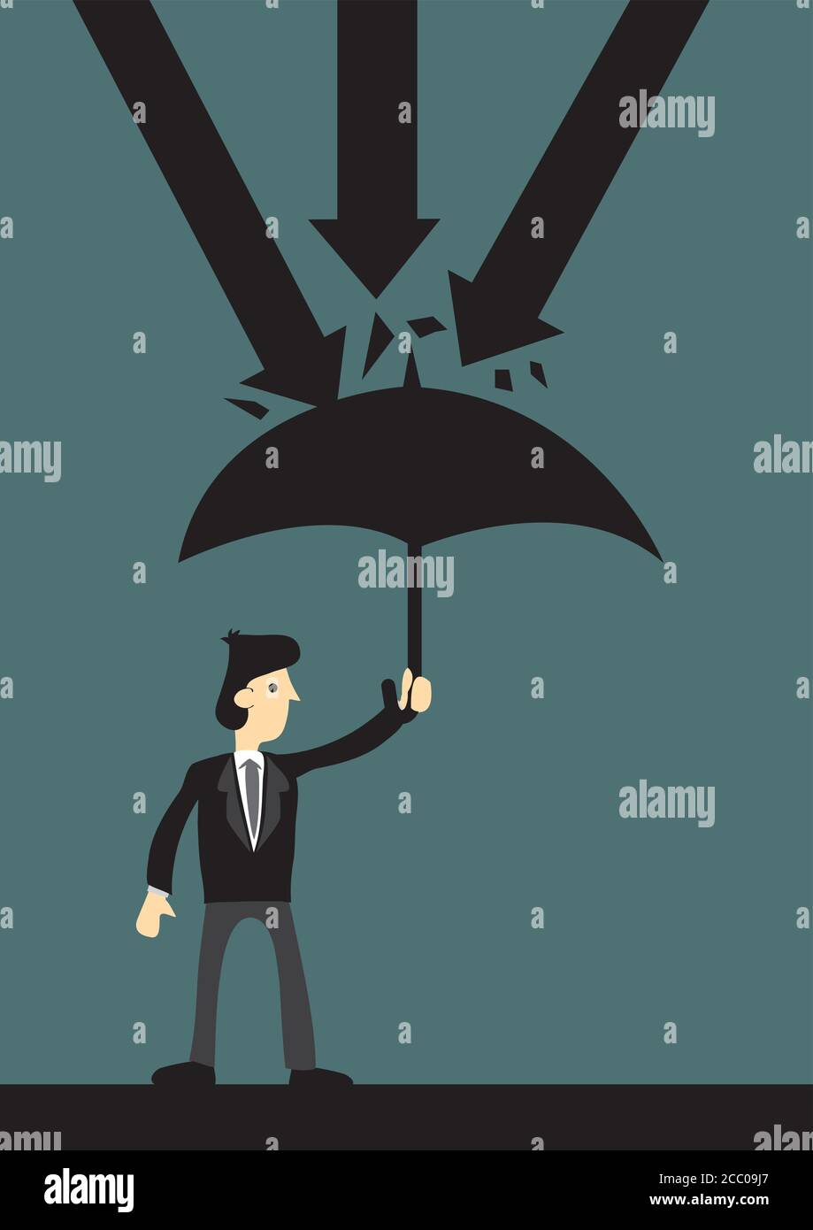 Businessman holding an umbrella protecting himself from danger. Concept ...