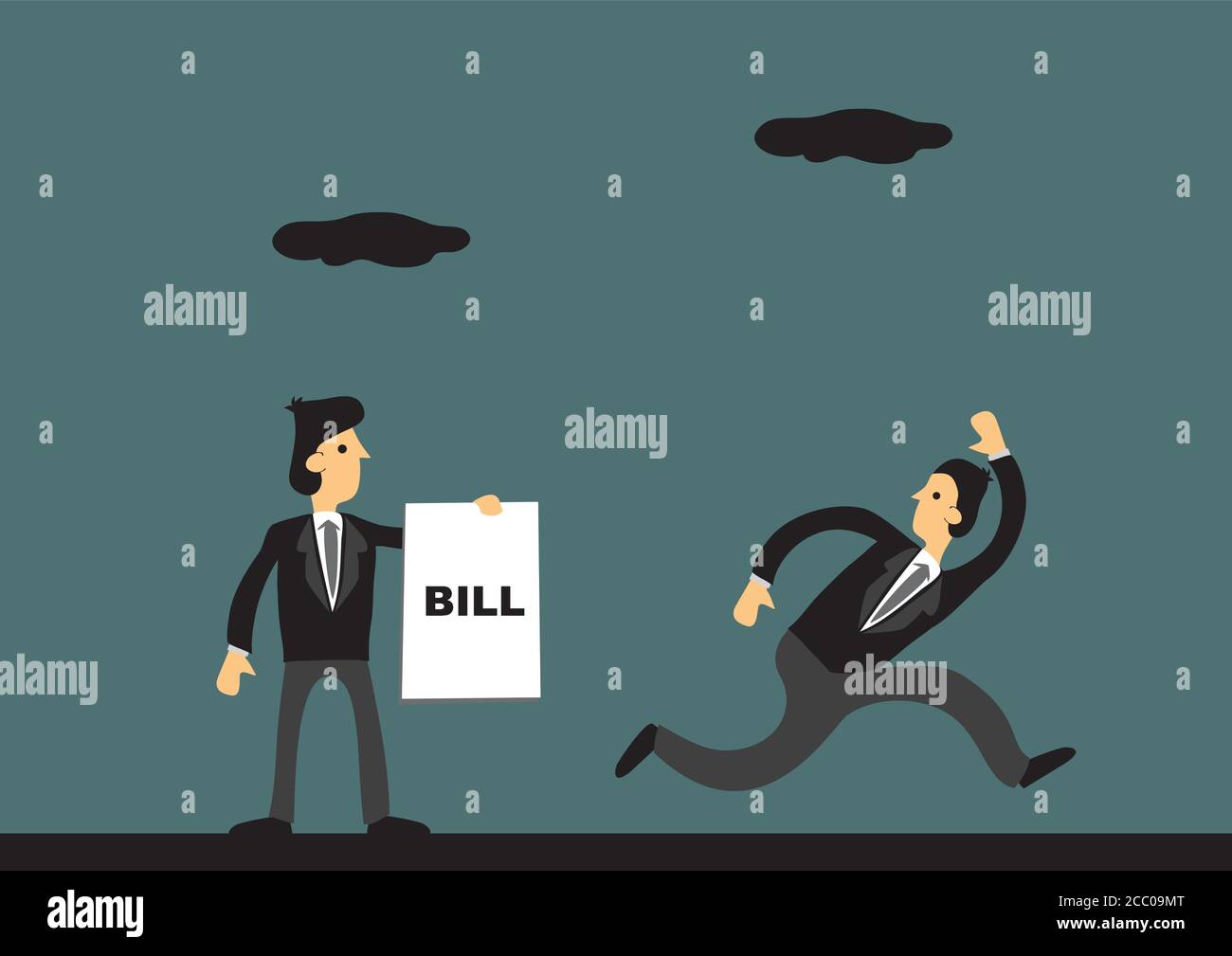 Businessman running away from creditor holding document that says Bill ...
