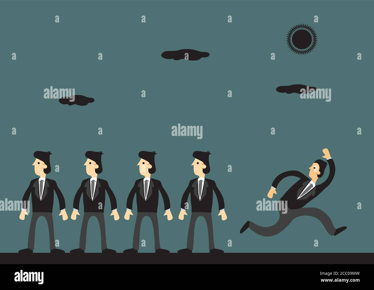 Cartoon businessman running away in opposite direction from homogeneous ...