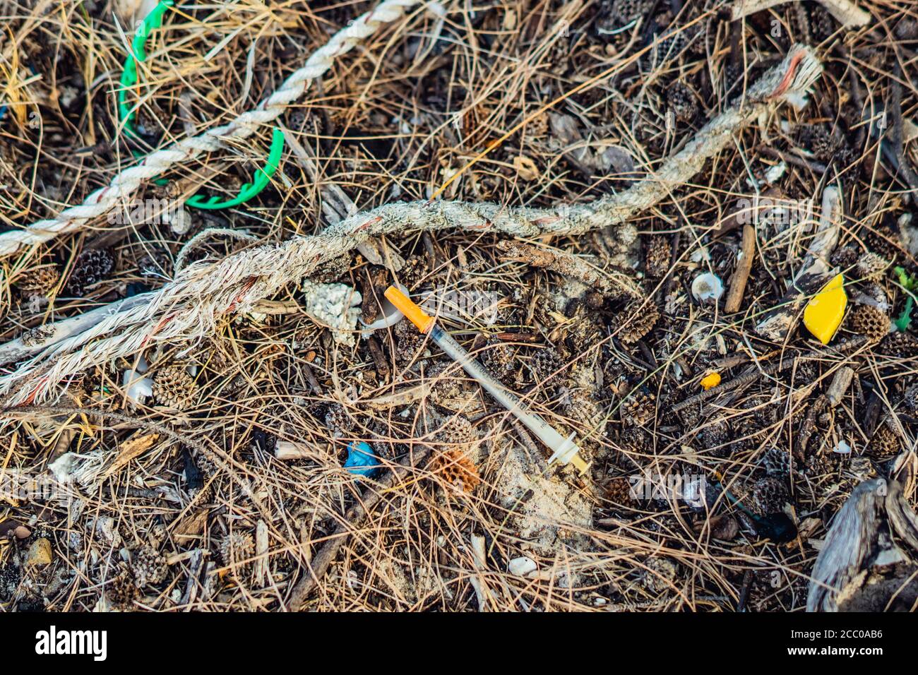 Spilled rubbish on the ground in the forest park. Ropes and plastic ...
