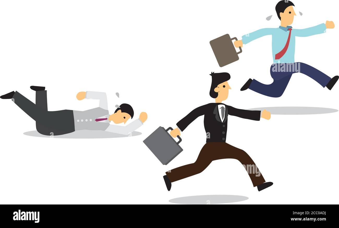 Group of businessmen rushing for work while one of them fall badly ...