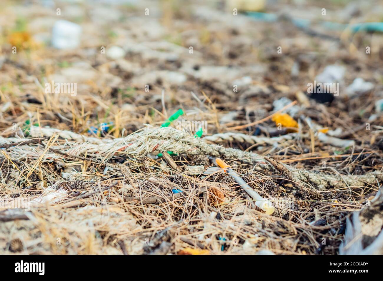 Spilled rubbish on the ground in the forest park. Ropes and plastic ...