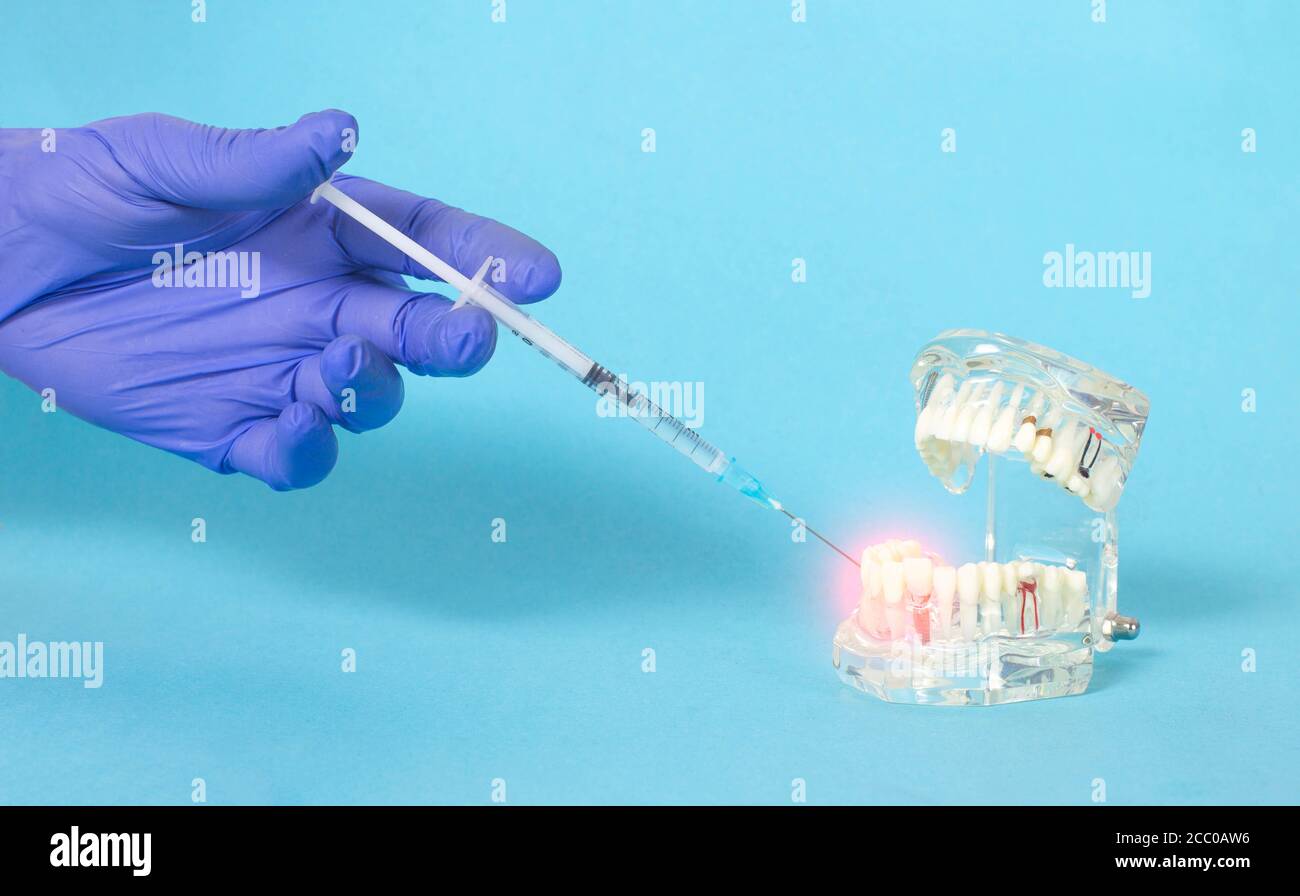 The doctor makes an injection into the gum of the dental jaw. Concept ...